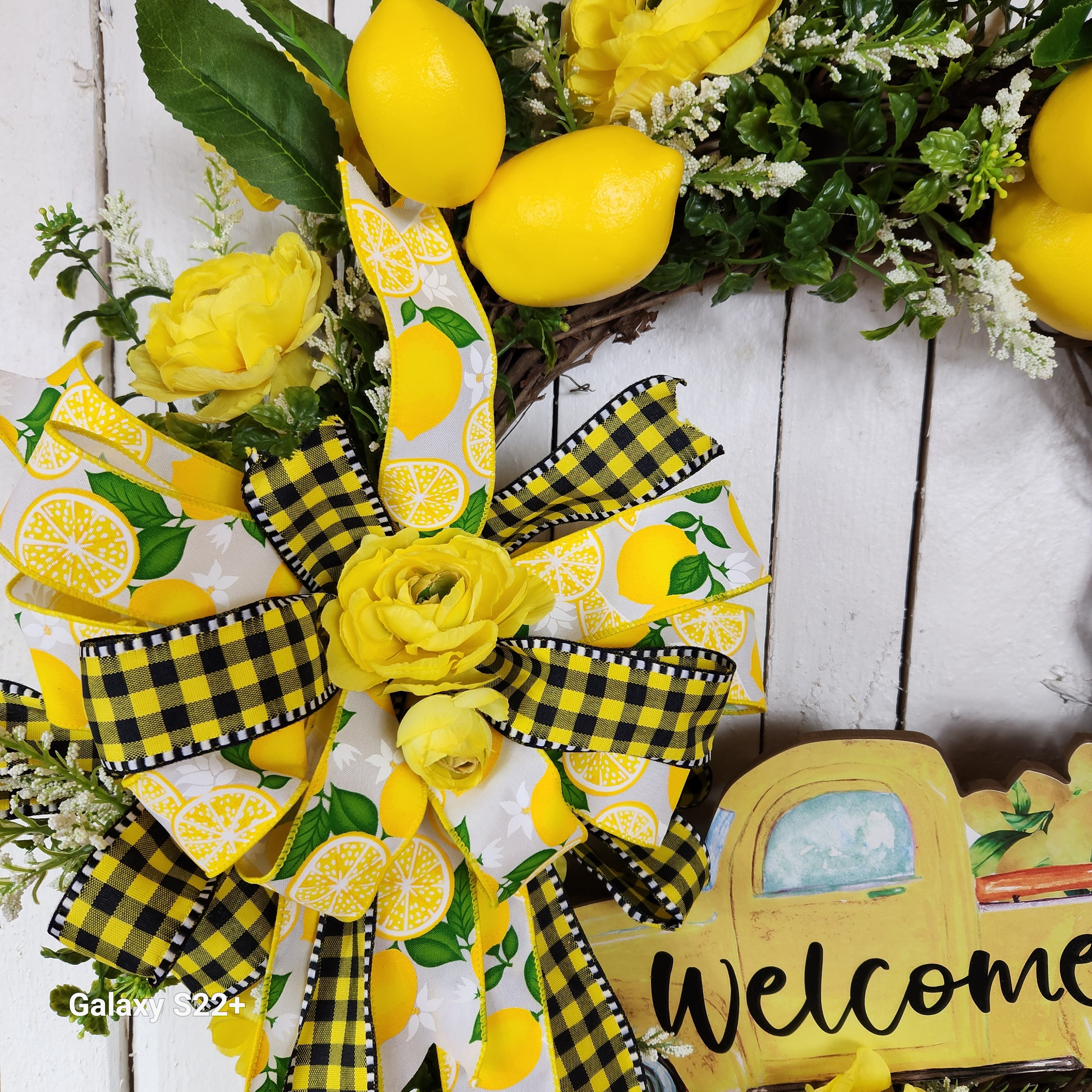 Lemon Front Door Wreath, Country Gingham Porch Decor, Vintage Truck ...