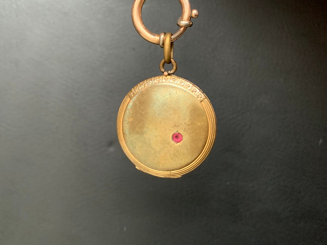 Antique Gold Circle Locket, Victorian Photo Medallion, Pink Ruby Stone ...