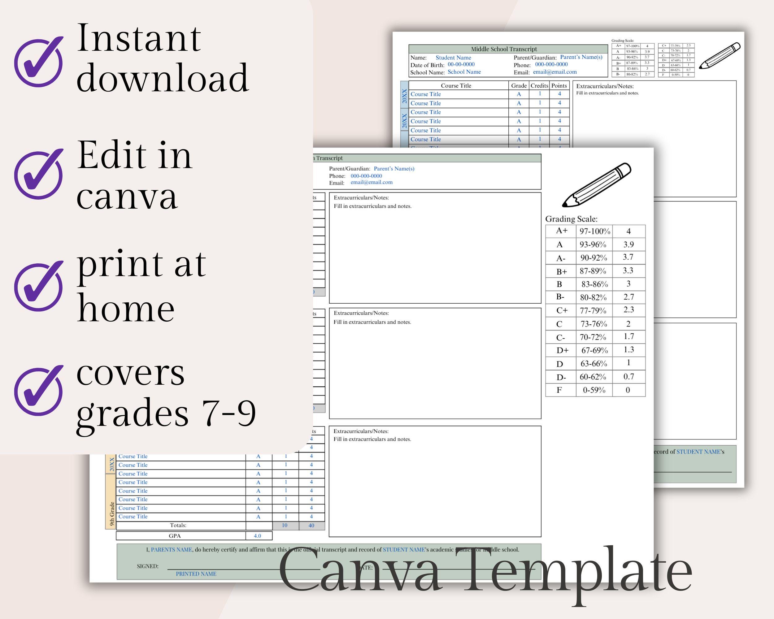 Editable Middle School Transcript Template, Instant Download, Canva ...