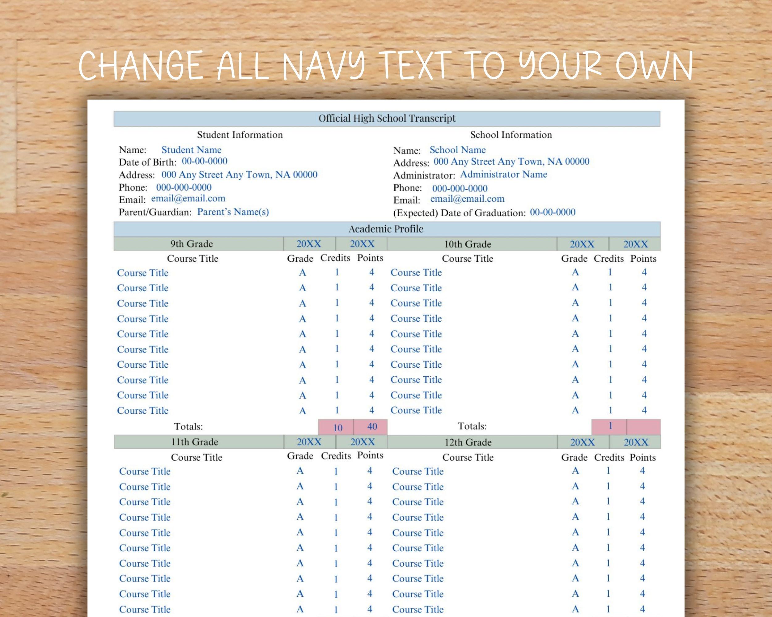 Editable High School Transcript Printable Canva Template Transcript ...