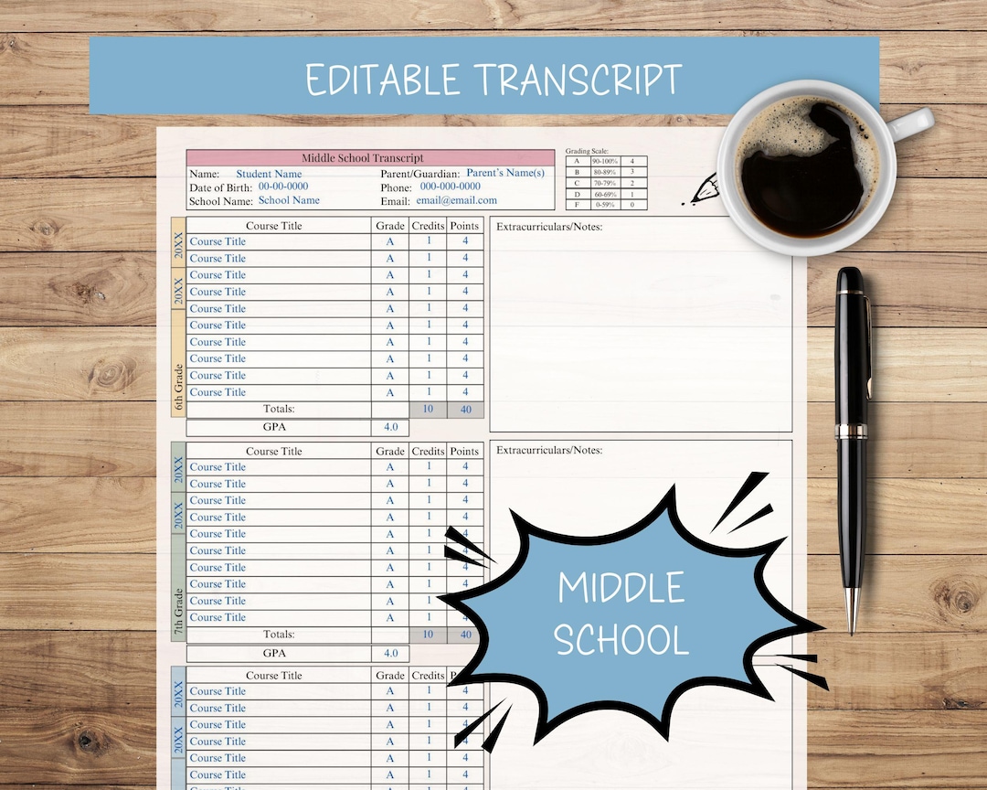 Editable Middle School Transcript Printable Canva Template Transcript ...
