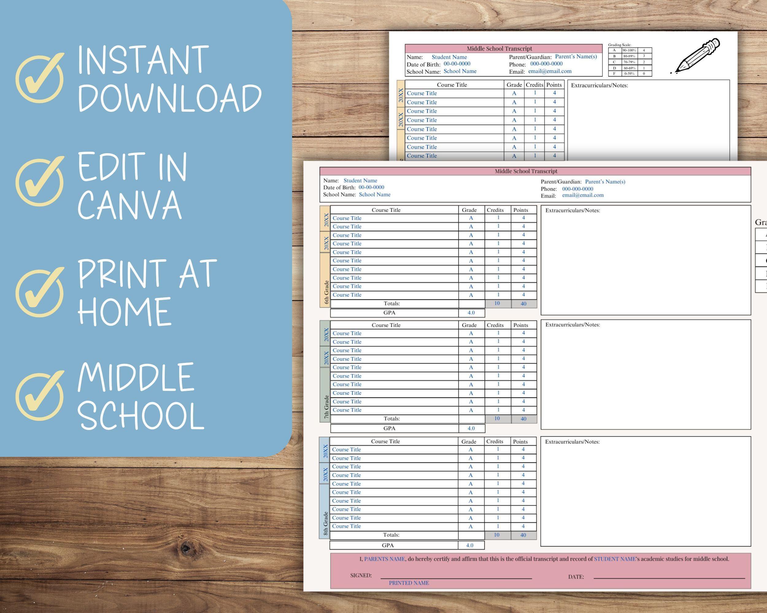 Editable Middle School Transcript Printable Canva Template Transcript ...