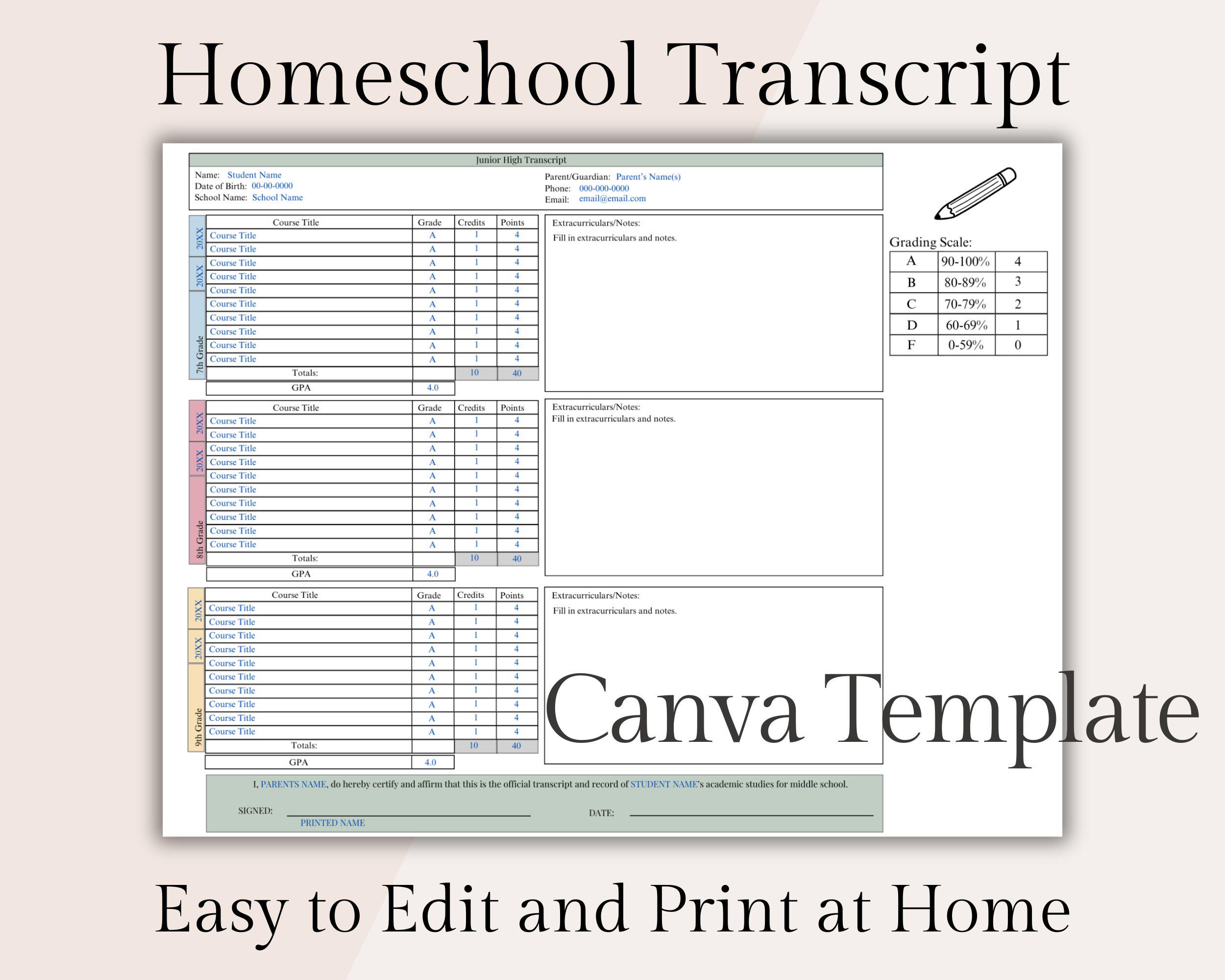 Editable Middle School Transcript Printable Canva Template Transcript ...