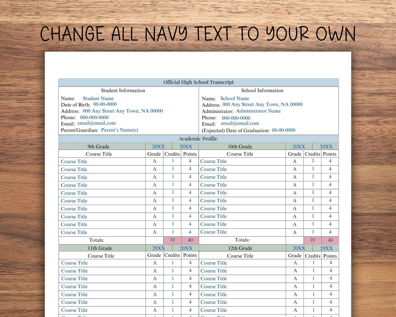 Editable High School Transcript Printable Canva Template Transcript ...