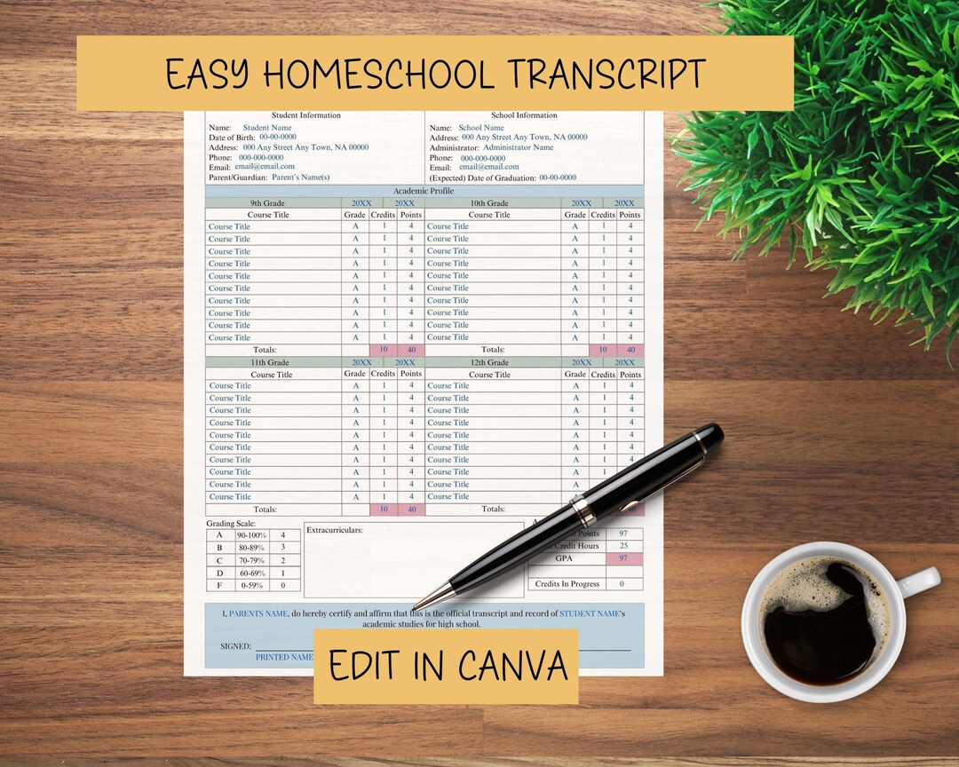 Editable High School Transcript Printable Canva Template Transcript Template Grade Portfolio ...