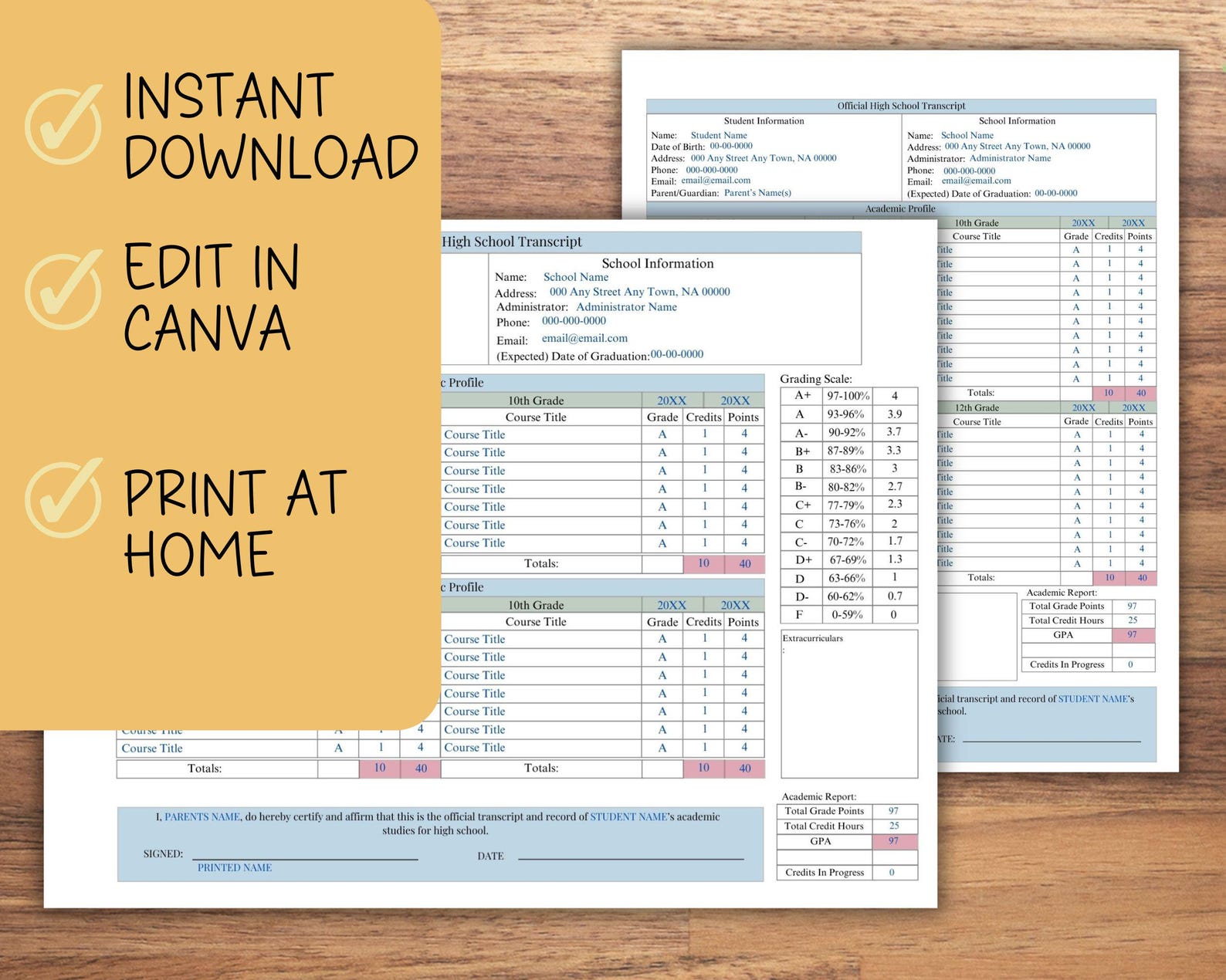 Editable High School Transcript Printable Canva Template Transcript ...