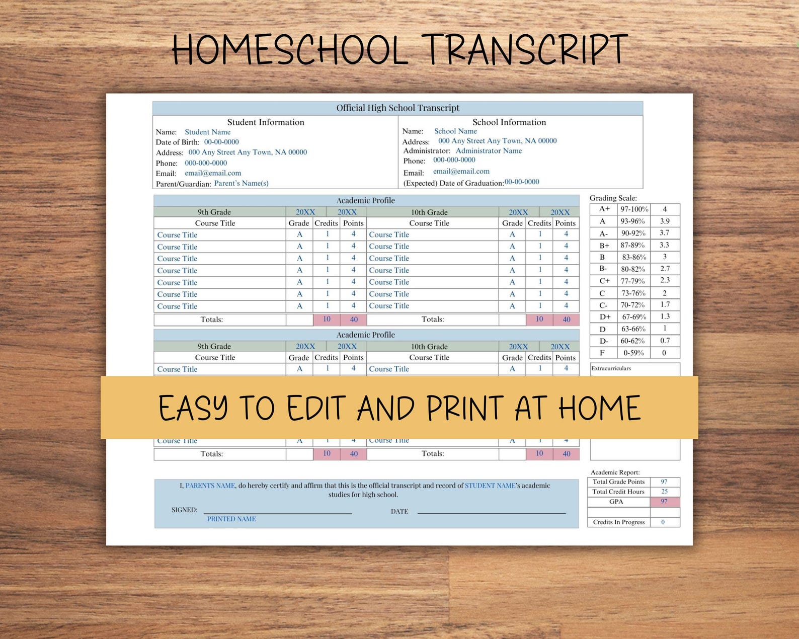Editable High School Transcript Printable Canva Template Transcript ...