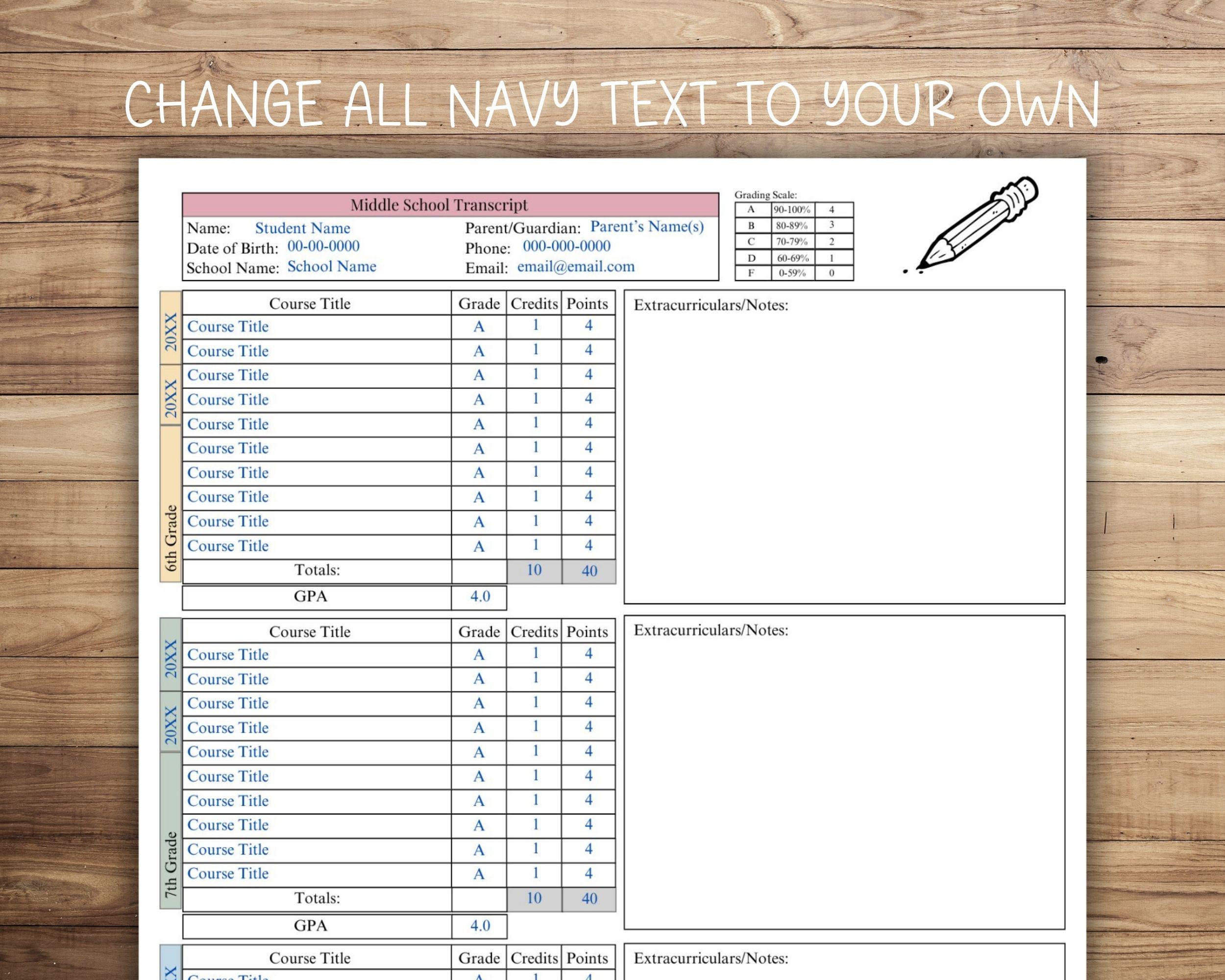 Editable Middle School Transcript Printable Canva Template Transcript ...