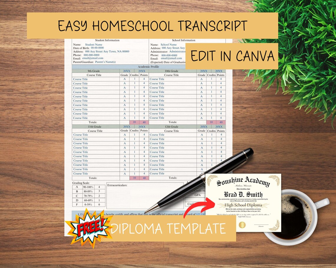 Editable High School Transcript Printable Canva Template Transcript ...