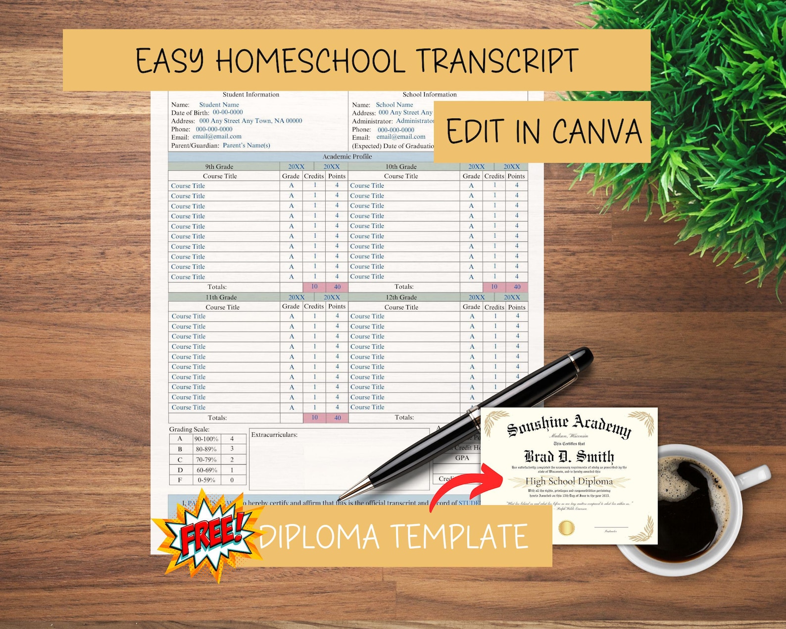 Editable High School Transcript Printable Canva Template Transcript ...