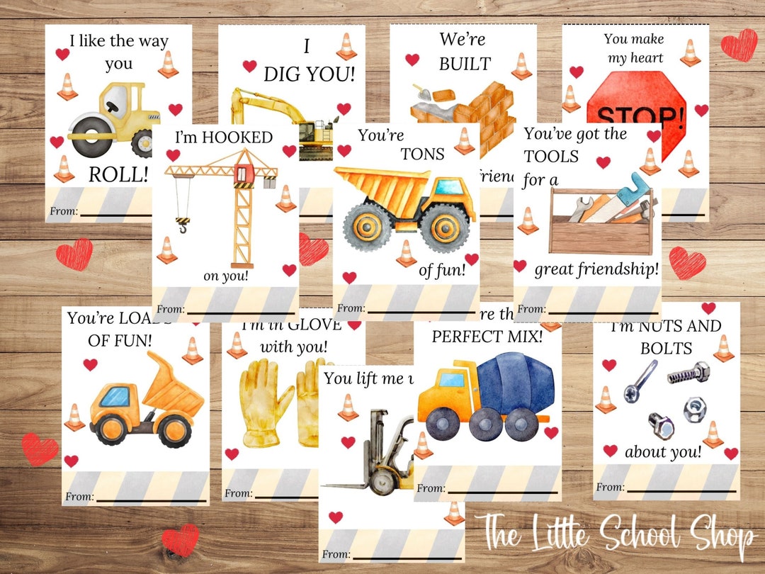 Printable Construction Valentines, Valentines Cards for Kids Printable ...