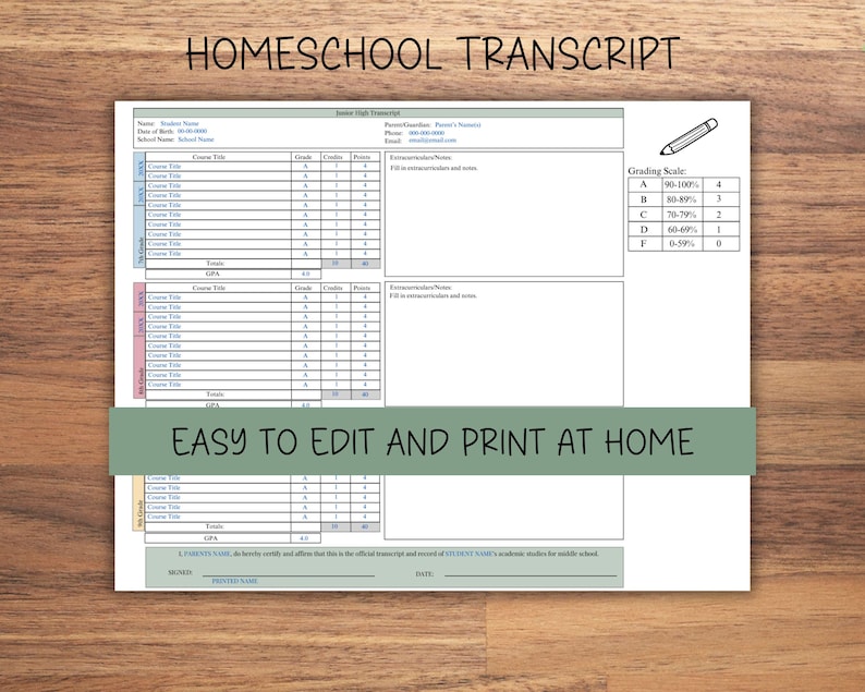 Homeschool Transcript Template Editable Junior High Transcript ...