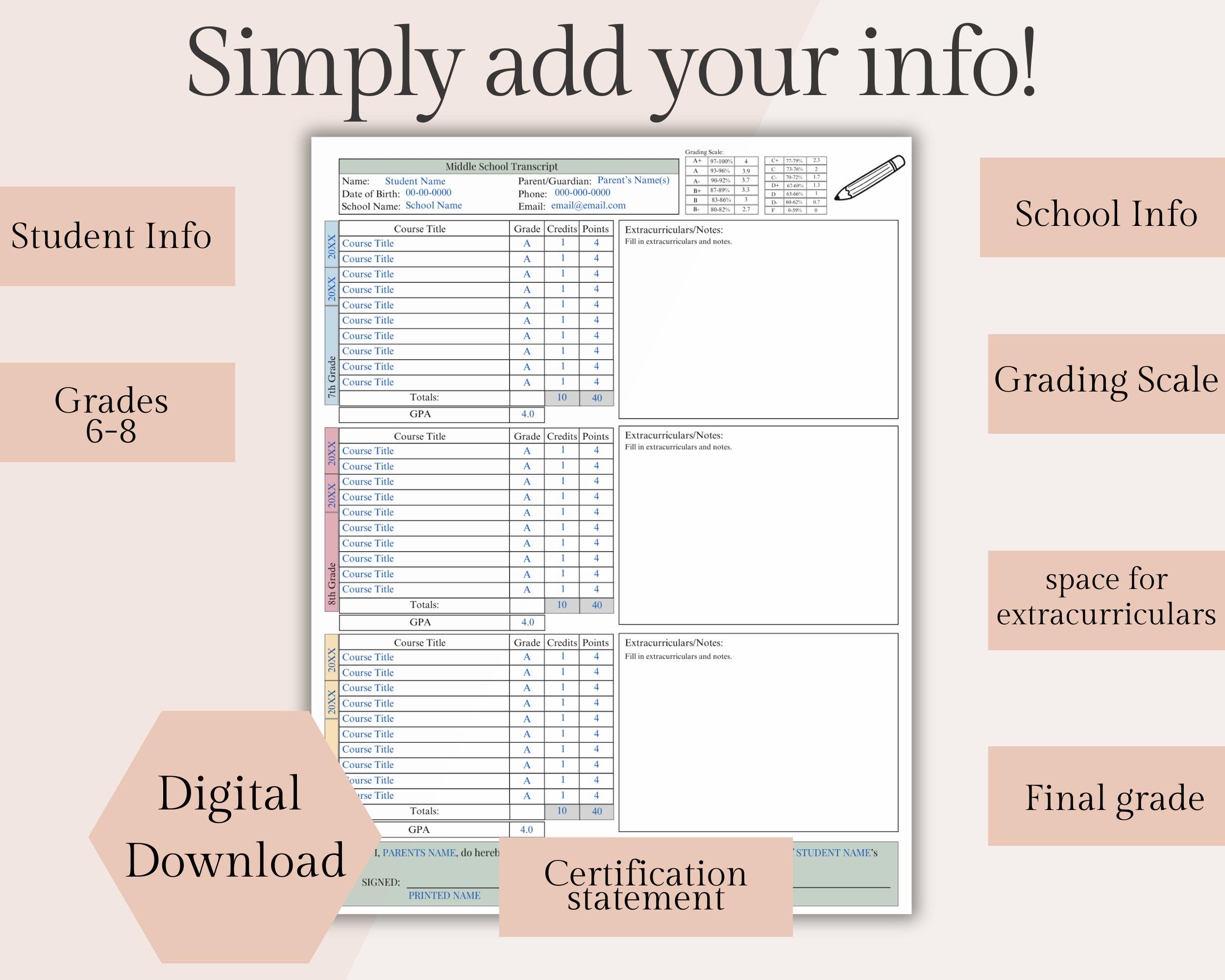 Editable Middle School Transcript Printable Canva Template Transcript ...