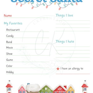Secret Santa Gift Exchange Printable Party Game Questionnaire, Office ...