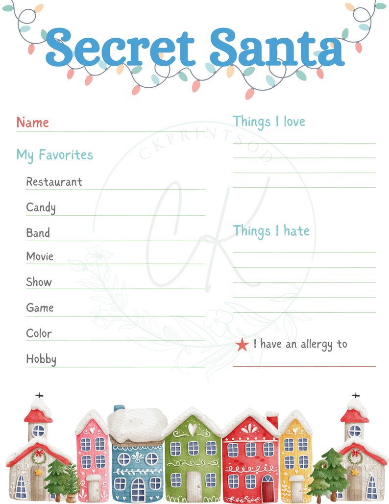 Secret Santa Gift Exchange Printable Party Game Questionnaire, Office ...