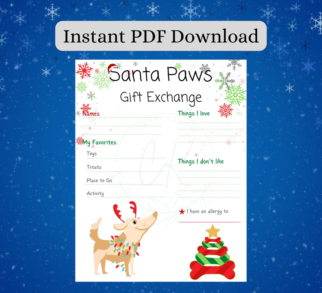 Secret Santa Paws Claus Pet Party Printable Questionnaire Dog - Etsy UK