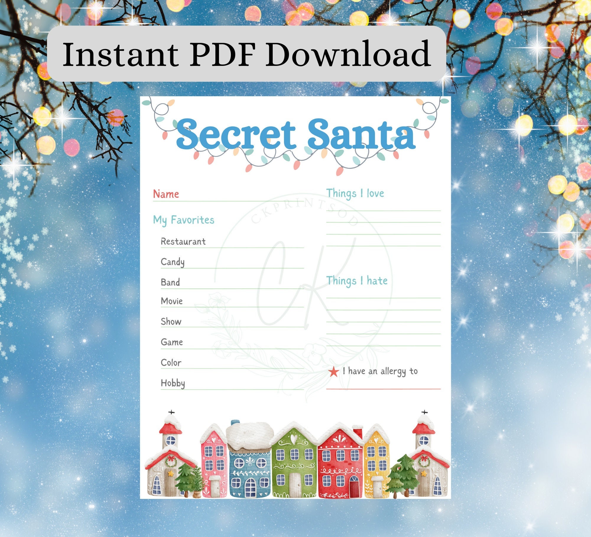 Secret Santa Gift Exchange Printable Party Game Questionnaire, Office ...