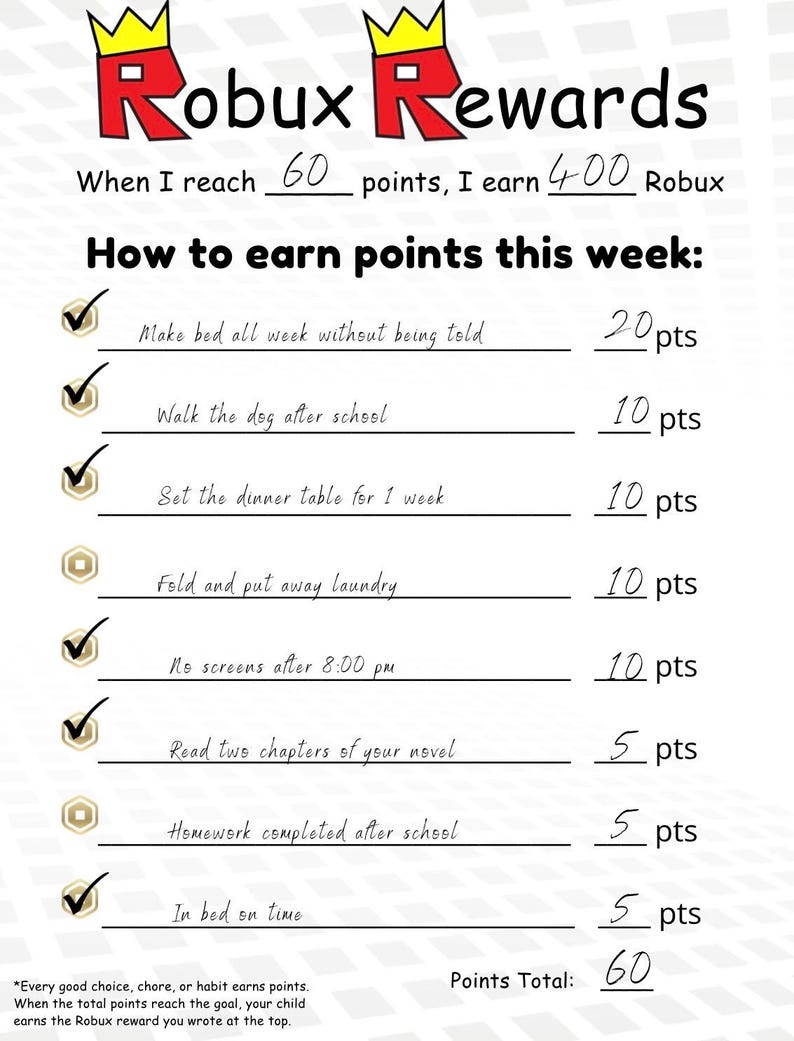 Robux Rewards Chart Printable | Roblox Chore Chart for Kids | Points ...