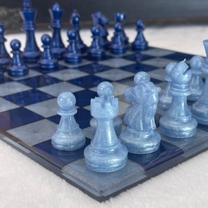 Handmade Resin Chess Set | Frozen Nightfall | Deep Blue & Pearlescent ...