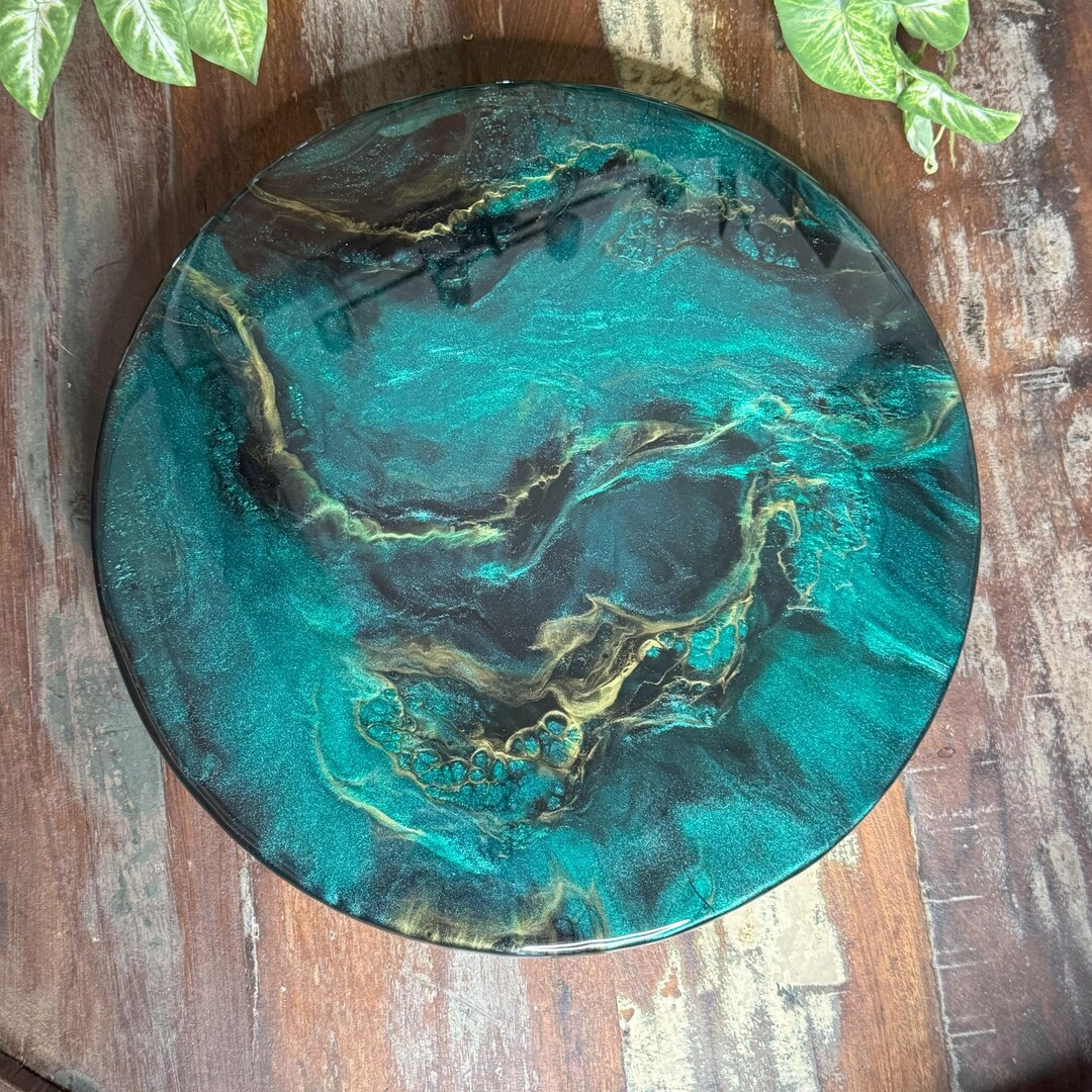 Lazy Susan Resin Turntable | Emerald Isle | Dark Green & Gold Swirl ...