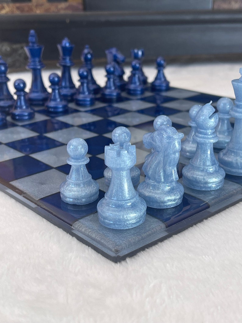 Handmade Resin Chess Set | Deep Blue & Ice Pearl Chessboard | Optional ...