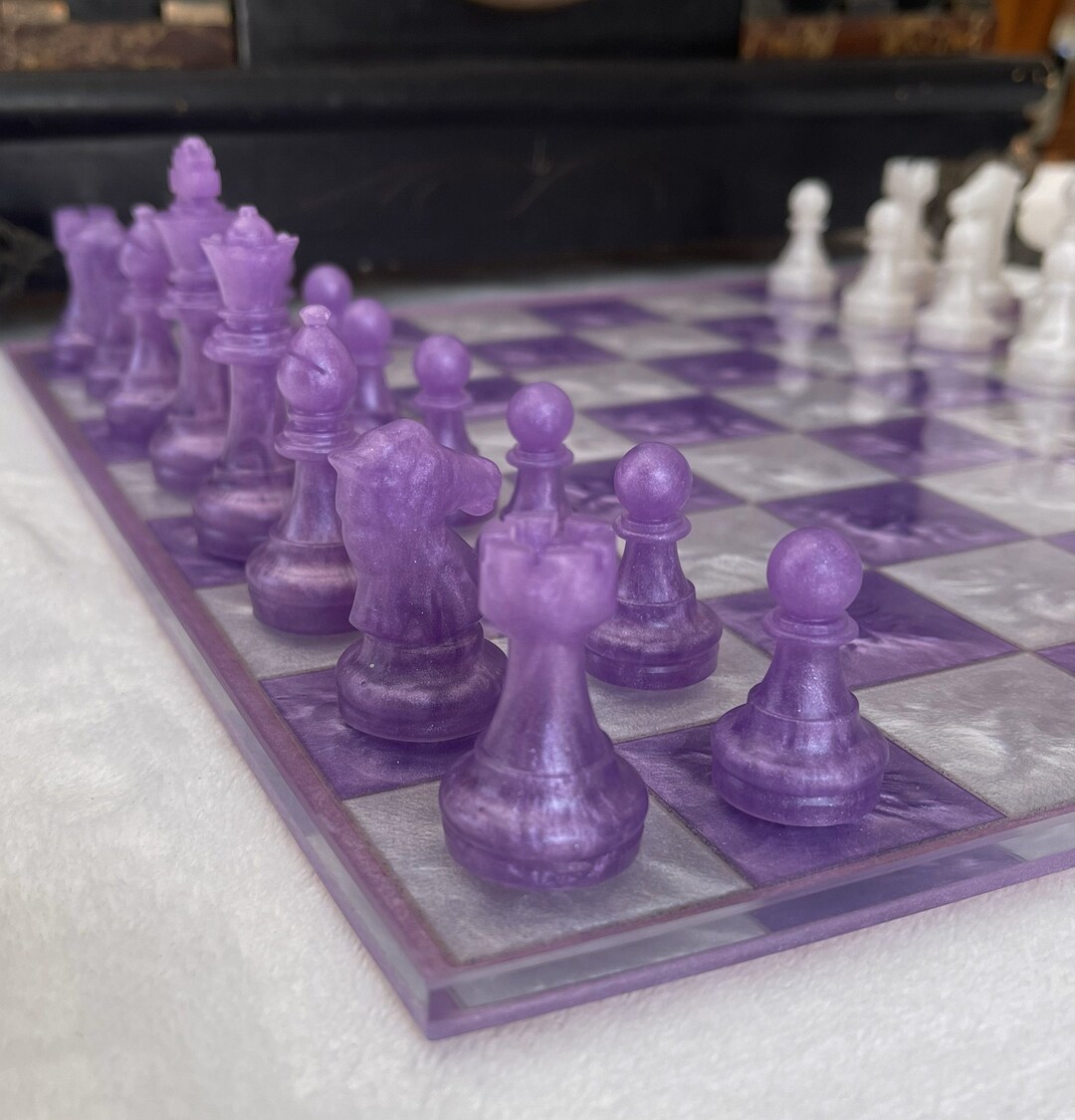 Handmade Resin Chess Set | Lilac & Pearl White Swirl Chessboard ...