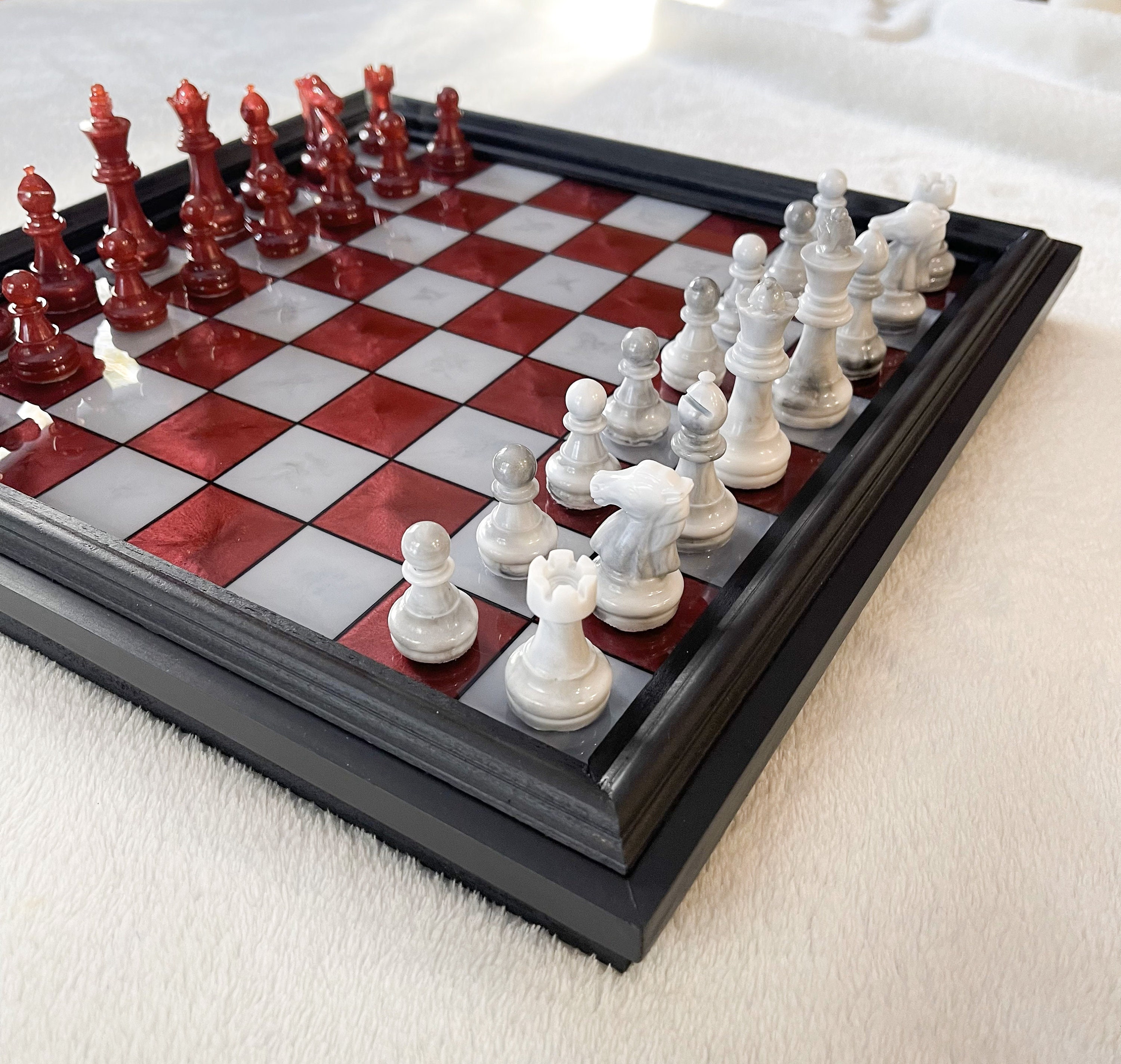 CRIMSON Tabletop Chess Set Burgundy and White handmade Chess Set Resin ...