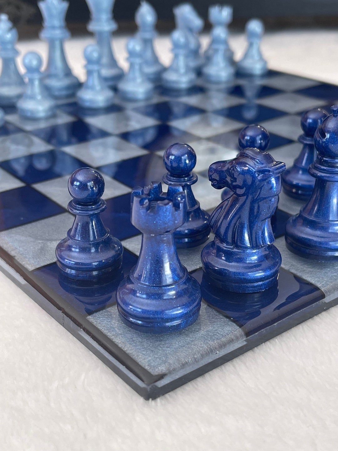 Handmade Resin Chess Set | Frozen Nightfall | Deep Blue & Pearlescent ...