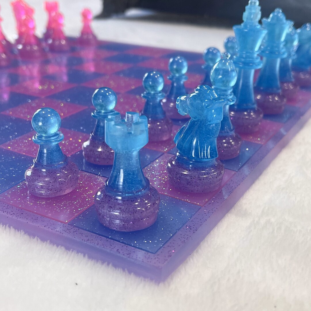 CHESS SET Bubble Gum Glow-in-the-dark Resin Handmade Chess Set Optional Tabletop Base Free ...