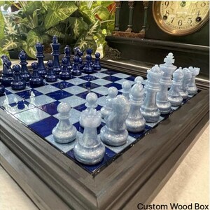 Handmade Resin Chess Set | Frozen Nightfall | Deep Blue & Pearlescent ...