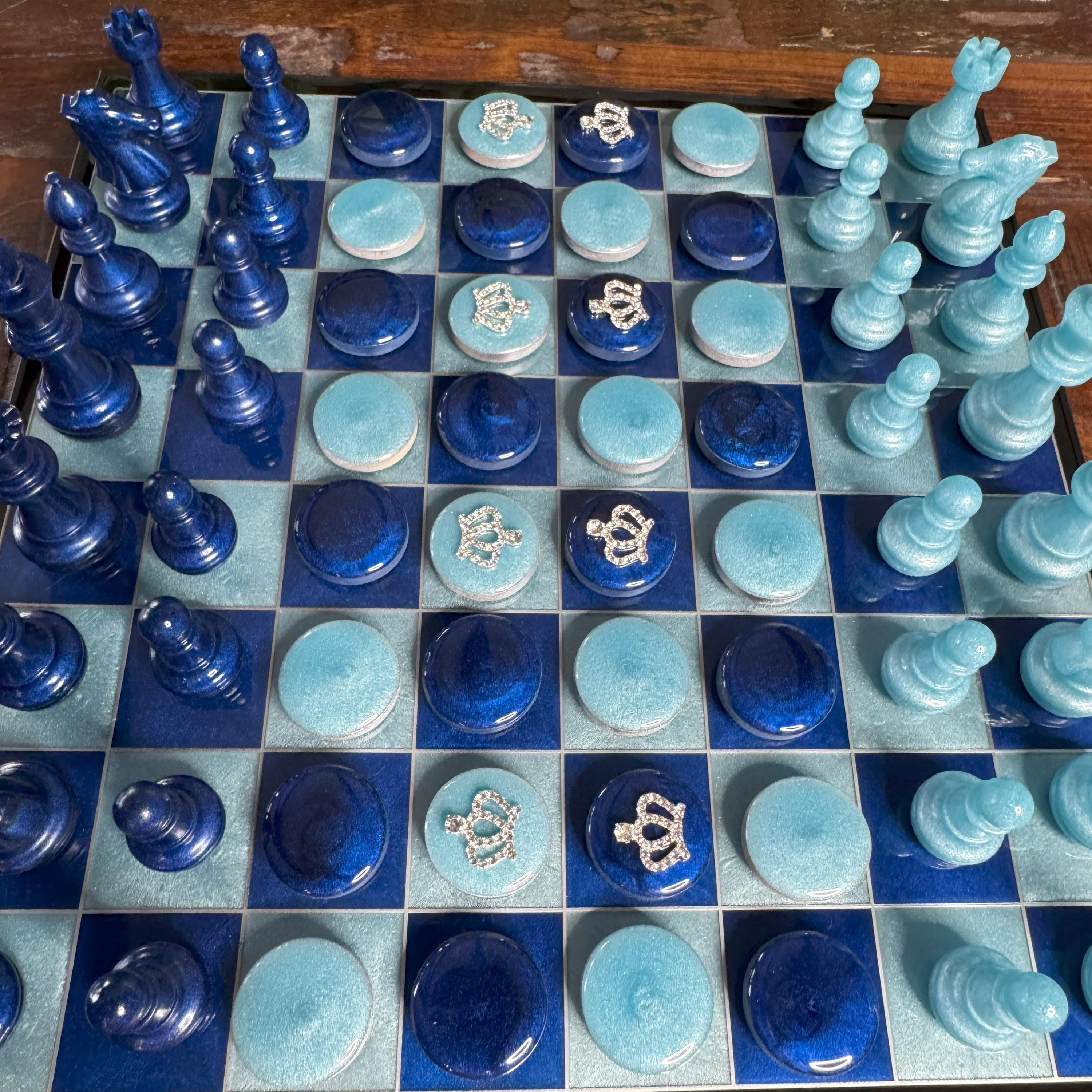 Handmade Resin Chess Set | Deep Blue & Ice Pearl Chessboard | Optional ...