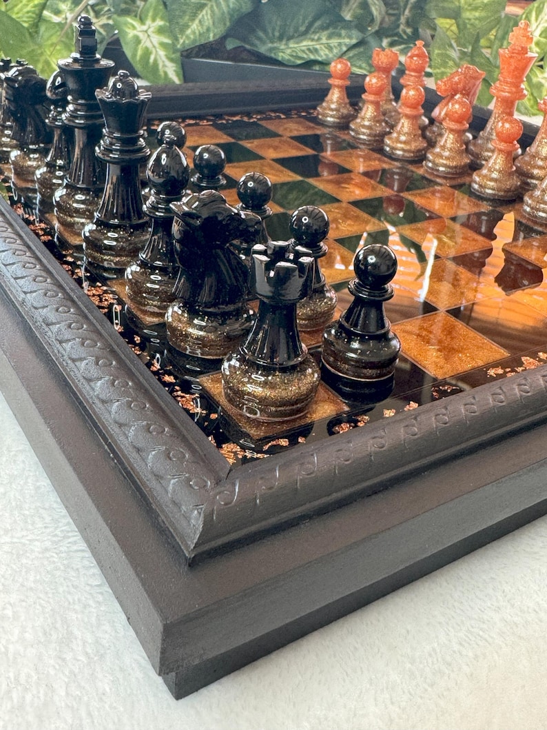 Handmade Resin Chess Set | Black & Copper Gemstone-inspired Chessboard ...