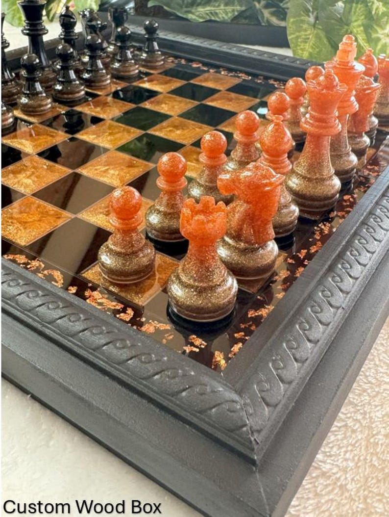 Handmade Resin Chess Set | Black & Copper Gemstone-inspired Chessboard ...