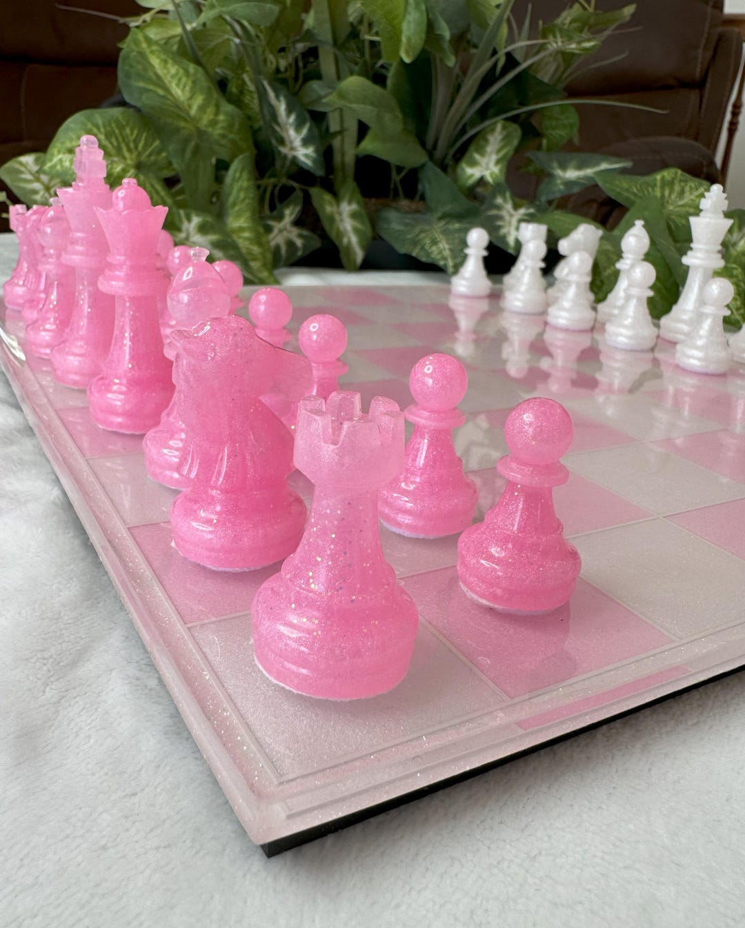 Handmade Resin Chess Set | Shimmering Pink & Pearlescent White Chessboard | Optional Custom Wood ...