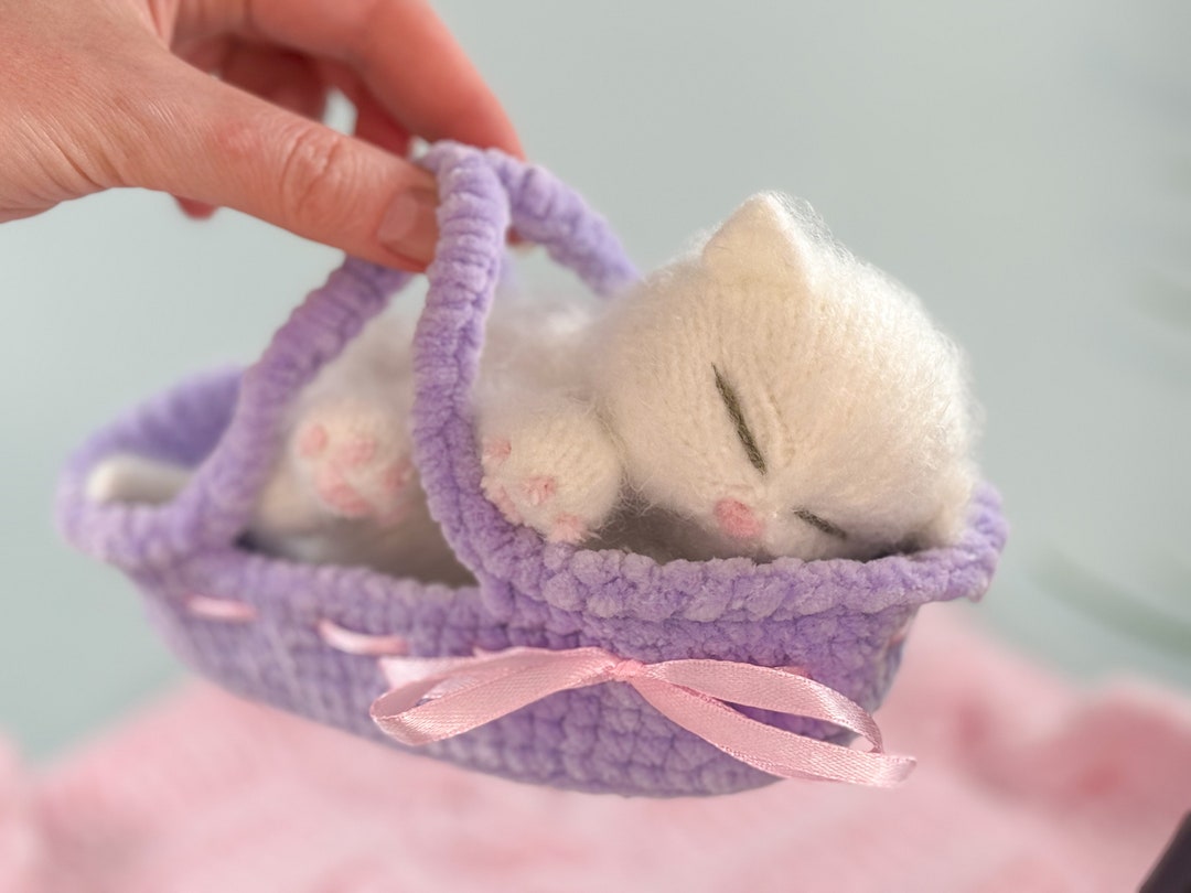 Knitted Sleeping Kitten With the Bed, 6 Inches, Pocket Kitty, Handmade ...
