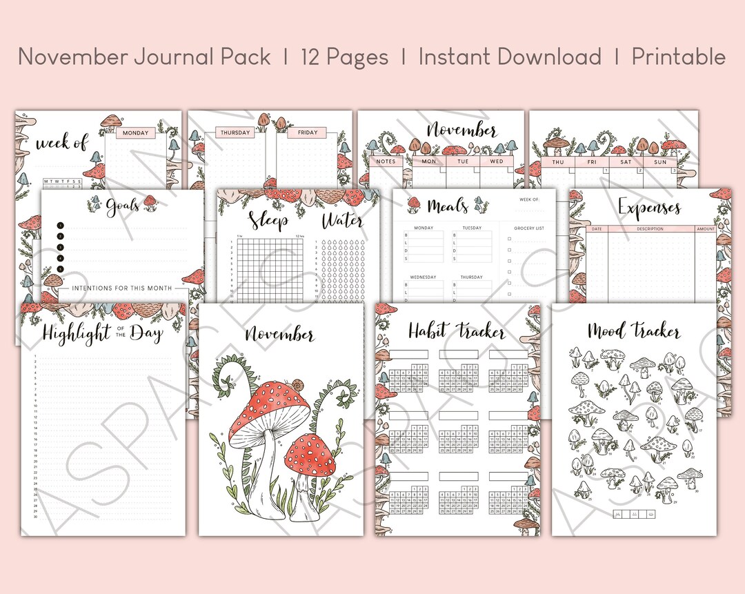 12 Page November 2024 Dot Journal Planner Kit | Mushroom Theme ...