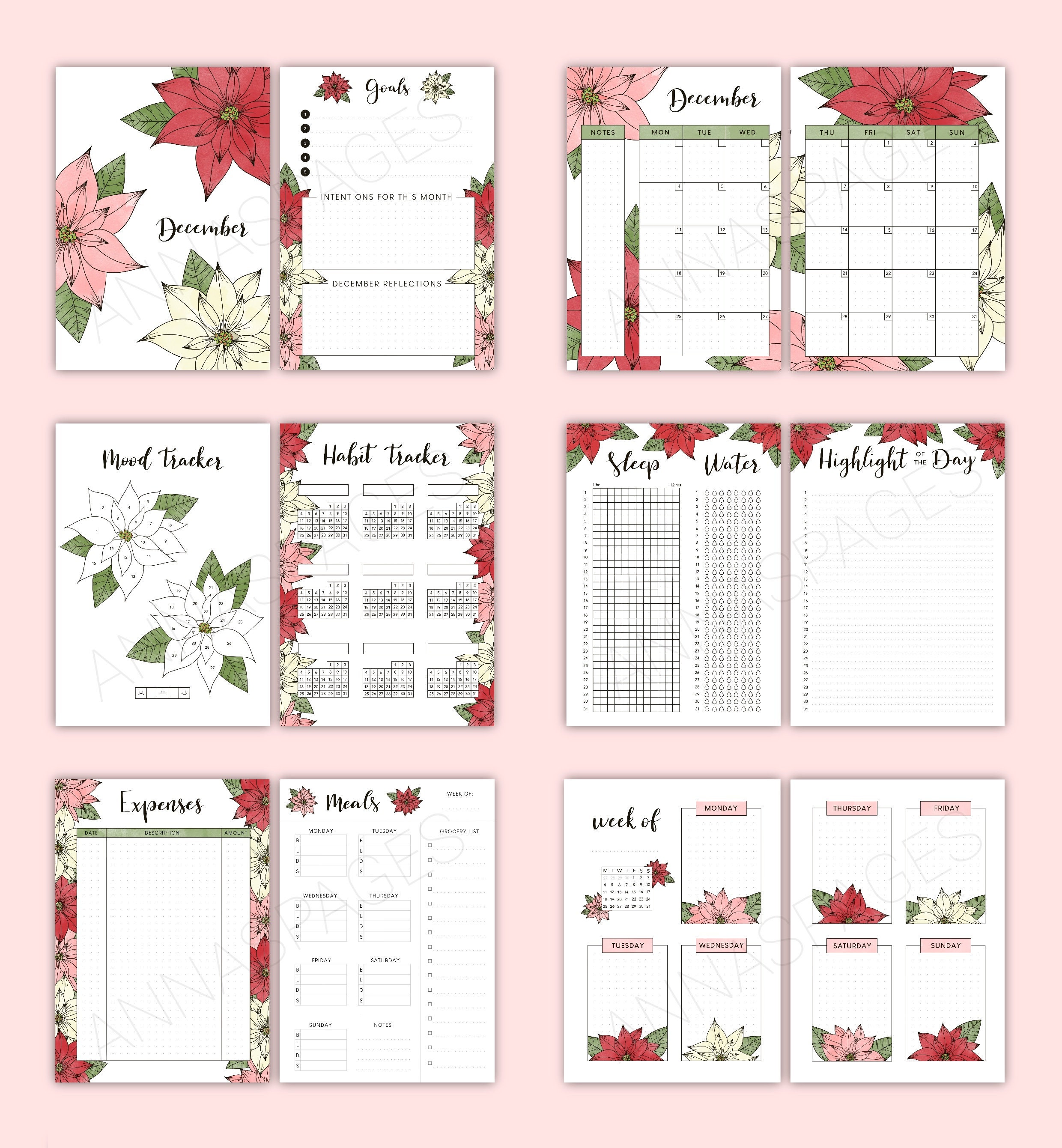 12 Page December 2023 Dot Journal Planner Kit Poinsettia Theme Calendar ...