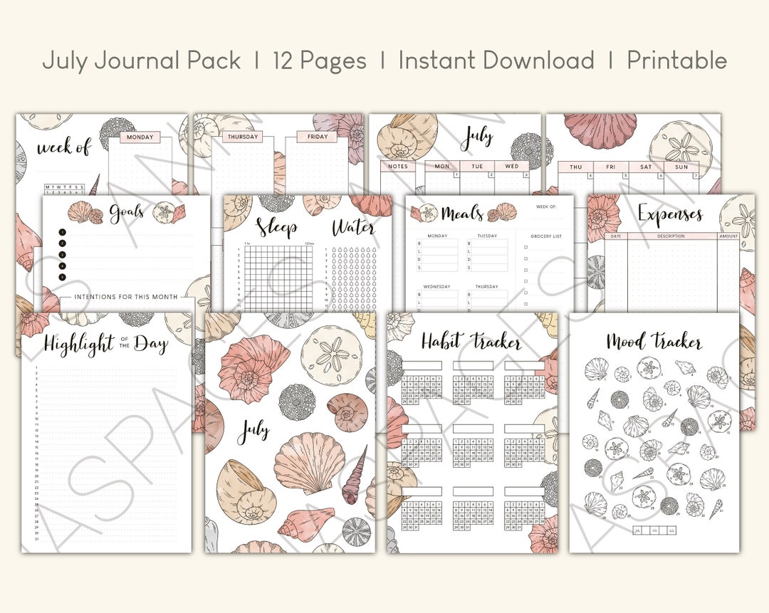 12 Page July 2024 Dot Journal Planner Kit | Seashell Theme | Calendar ...
