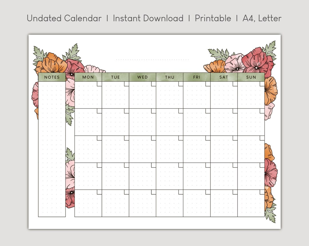 Undated Blank Calendar | Poppy Flower Theme | Printable, Instant ...