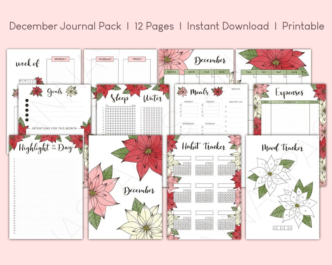 12 Page December 2023 Dot Journal Planner Kit Poinsettia Theme Calendar ...