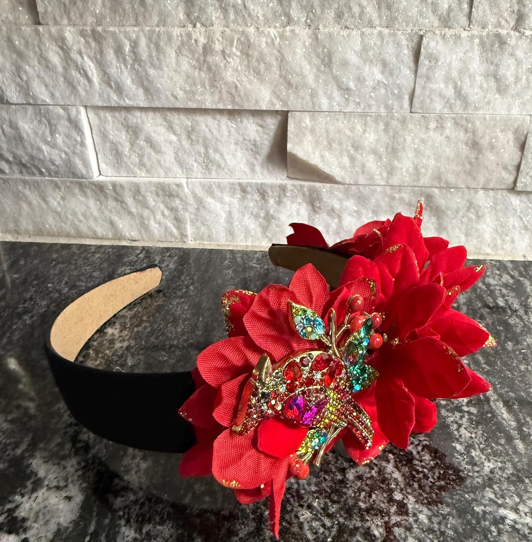 Handcrafted Christmas Headband: Jeweled Cardinal, Red Poinsettia - Etsy
