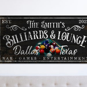 Personalized Billiards Sign Basement Bar & Lounge Last Name Pool Hall ...