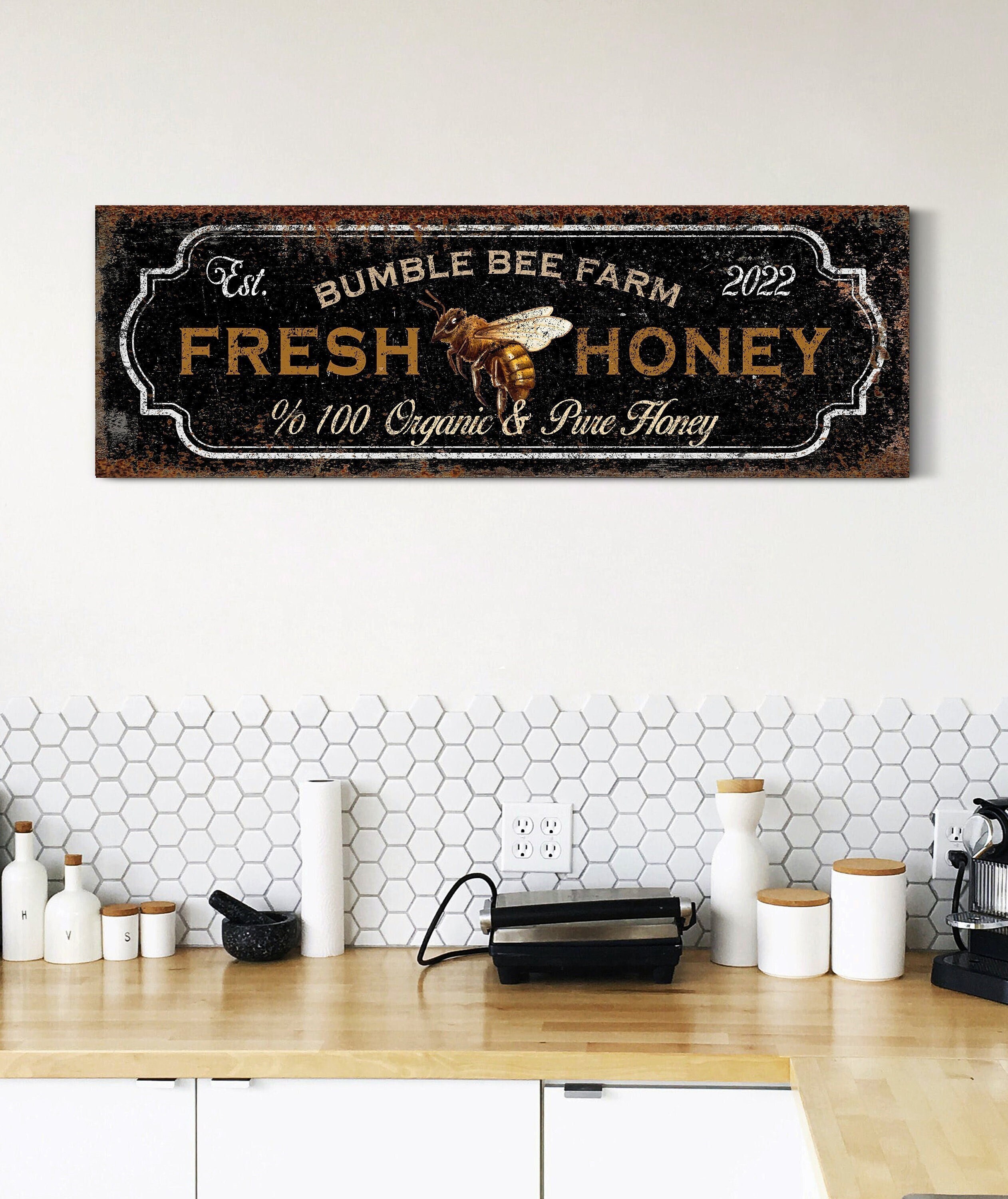 Custom Fresh Honey Sign Bumble Bee Farm Sign Rustic Kitchen Wall Decor ...