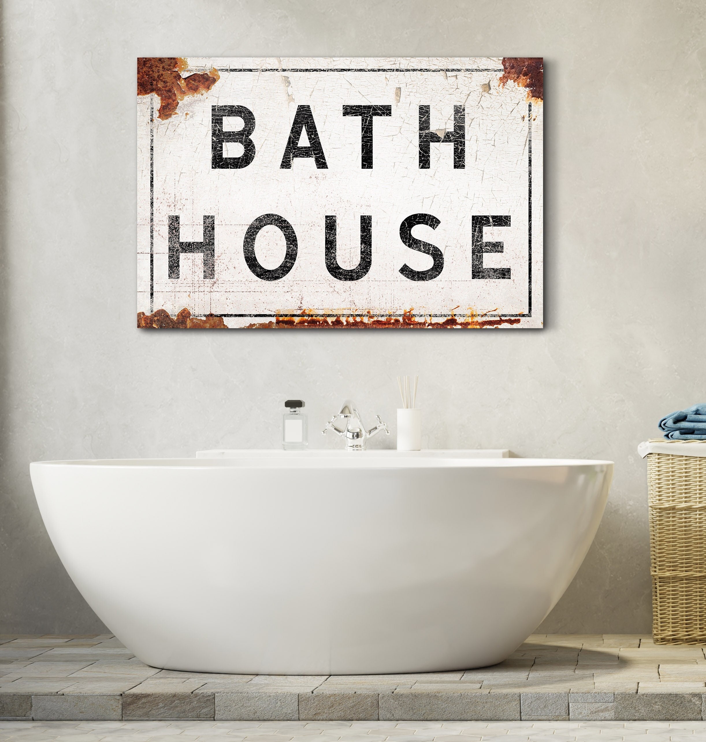 Bath House Sign Rustic Home Decor Distressed Print White Background ...
