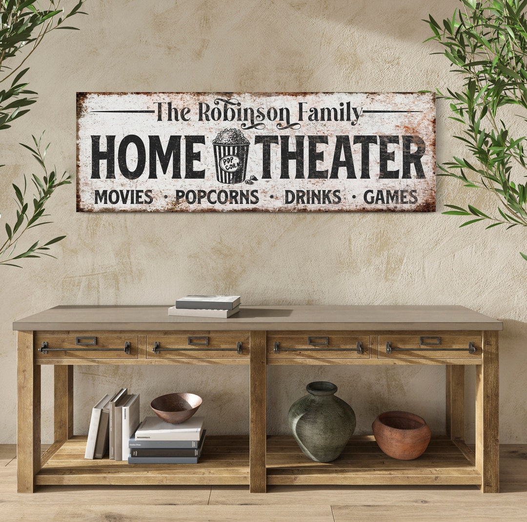 Custom Home Theater Sign, Personalized Canvas Sign, Living Room Wall ...