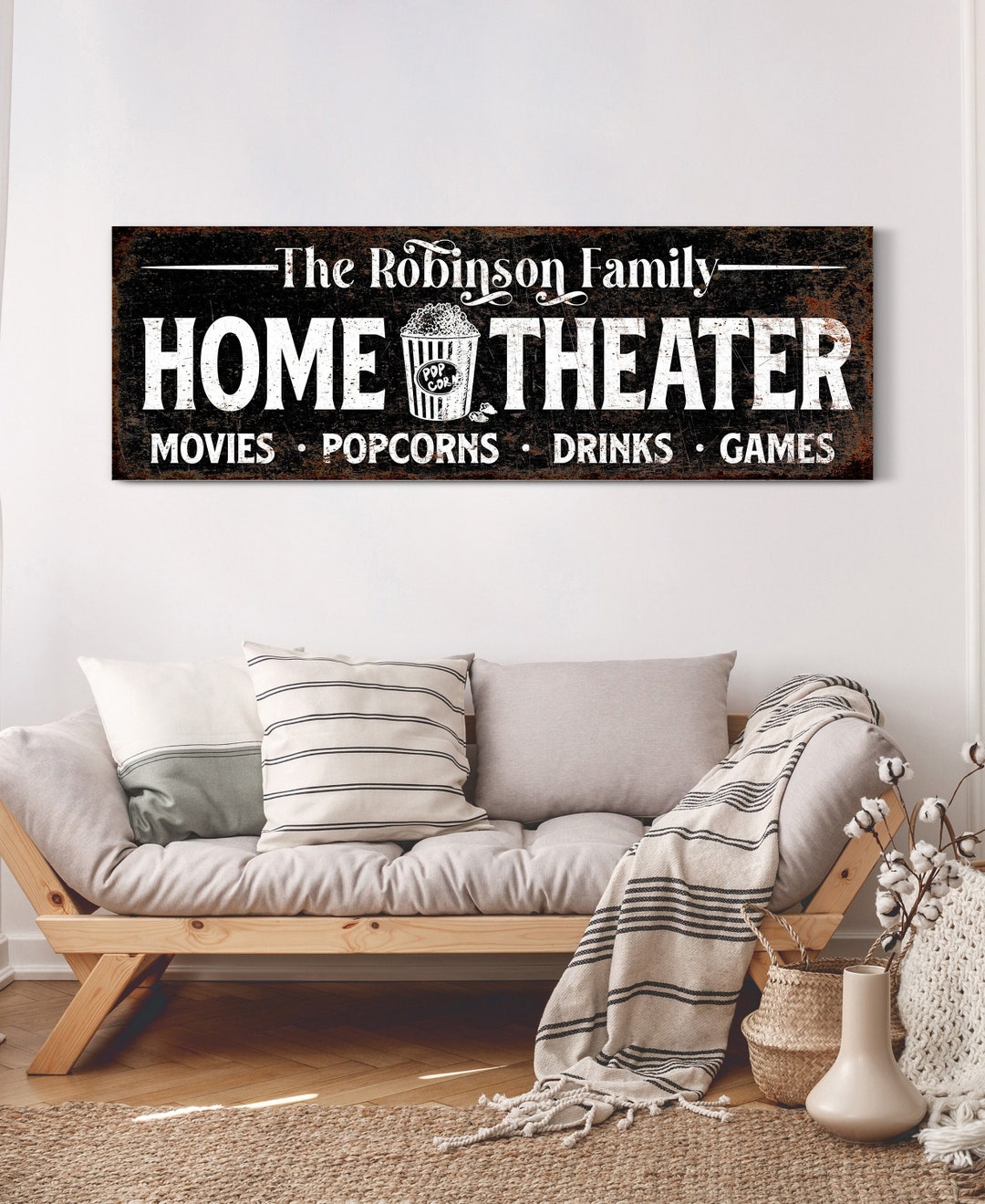 Custom Home Theater Sign, Personalized Canvas Sign, Living Room Wall ...