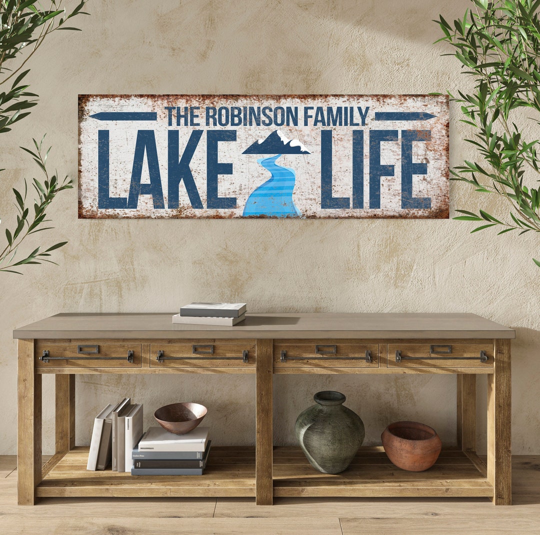 Personalized Lake Life Sign, Custom Family Lake House Wall Art, Rustic ...