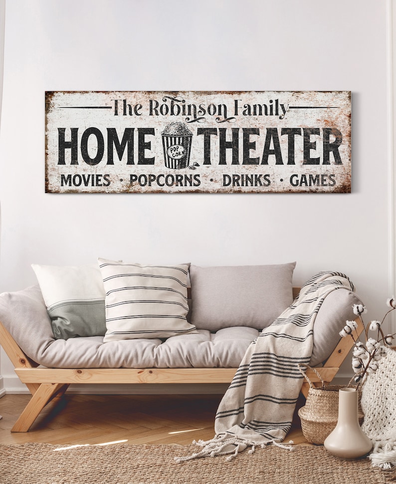Custom Home Theater Sign, Personalized Canvas Sign, Living Room Wall ...
