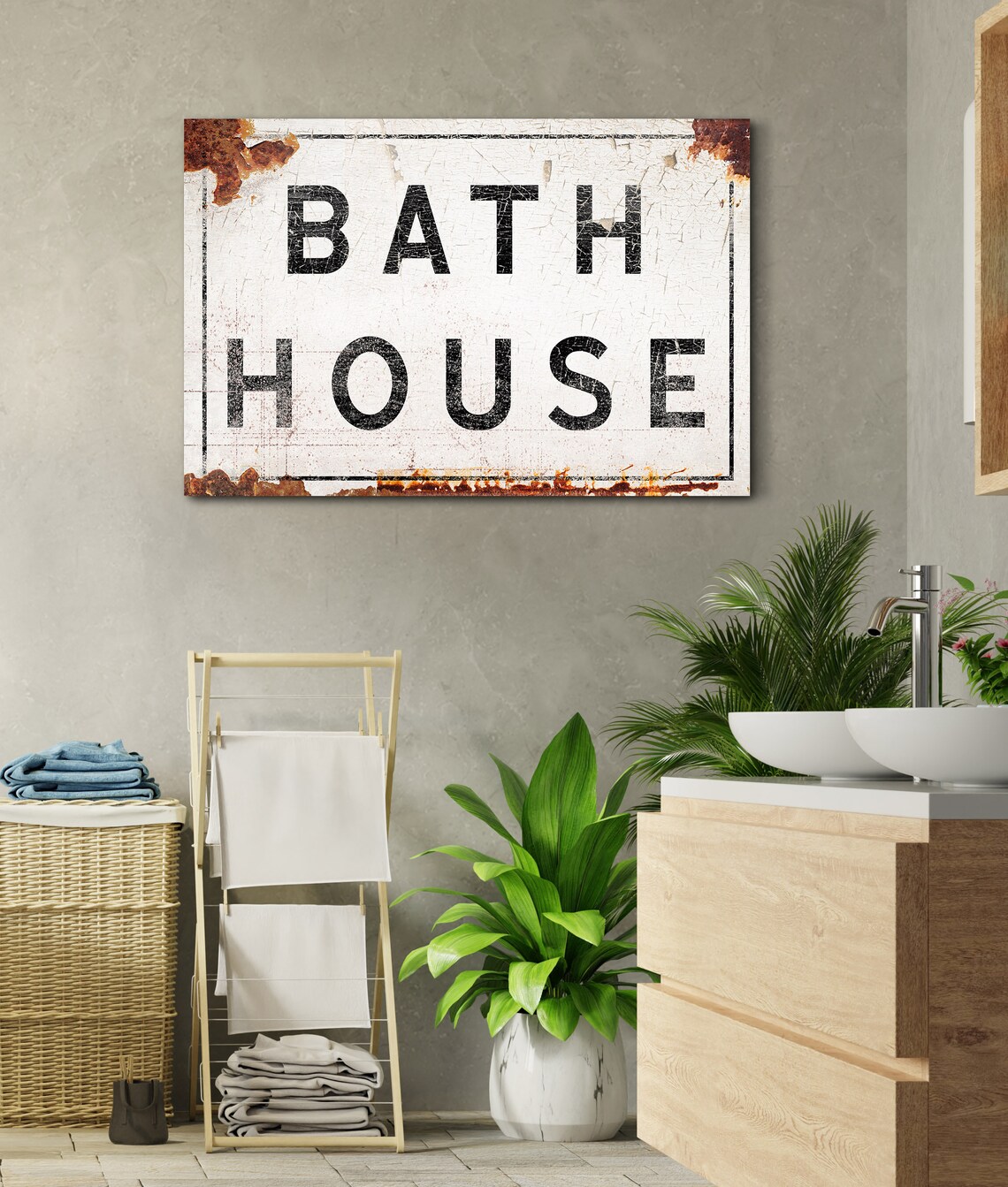 Bath House Sign Rustic Home Decor Distressed Print White Background ...