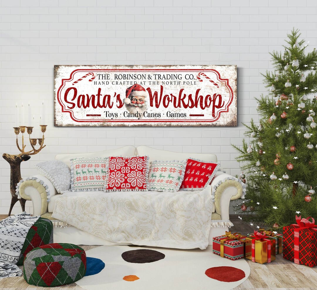 Custom Santa's Workshop Trading Co Sign, Candy Cane Art, Personalized ...